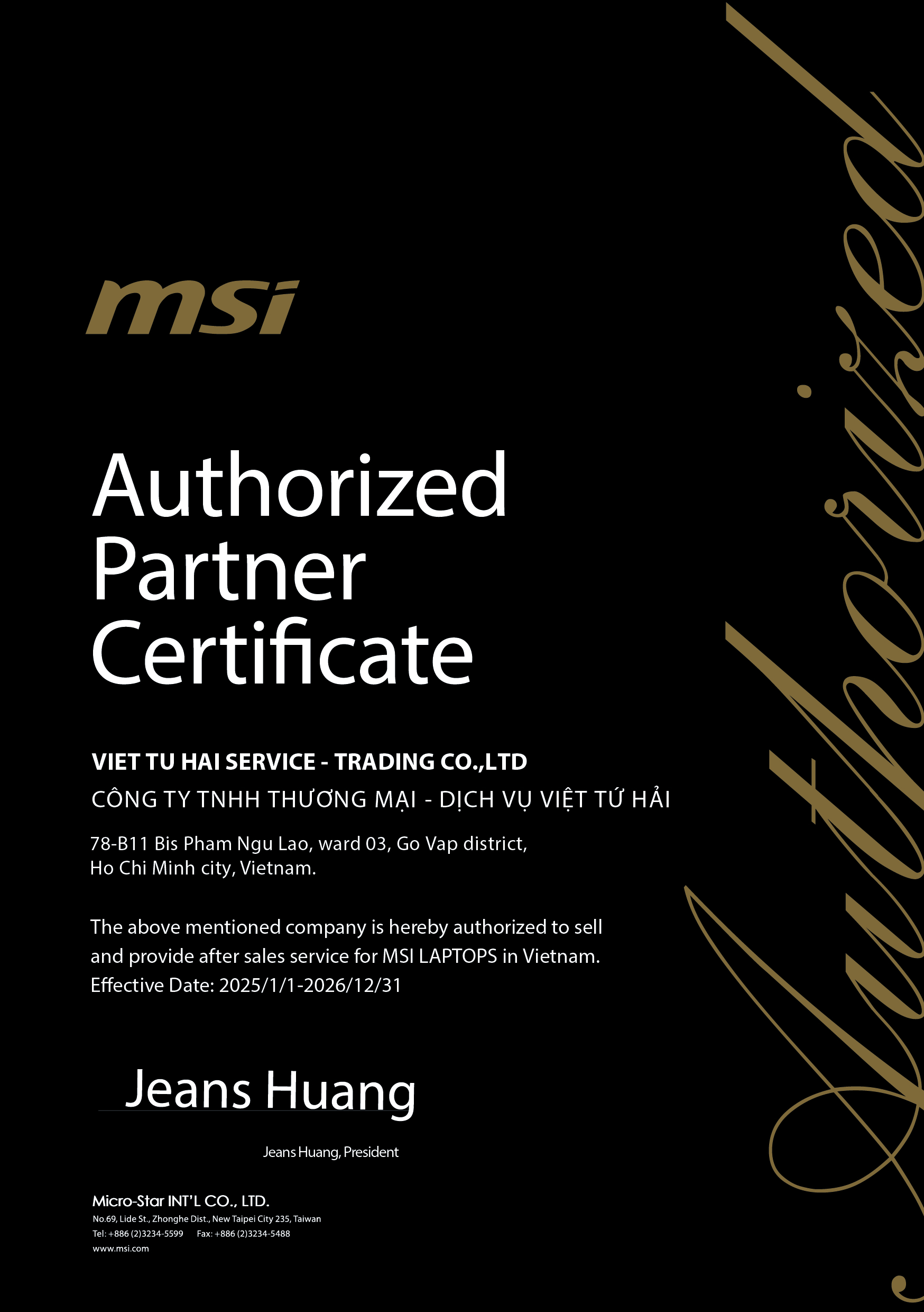 Việt Tứ Hải vinh dự là Đại lý ủy quyền của thương hiệu MSI
